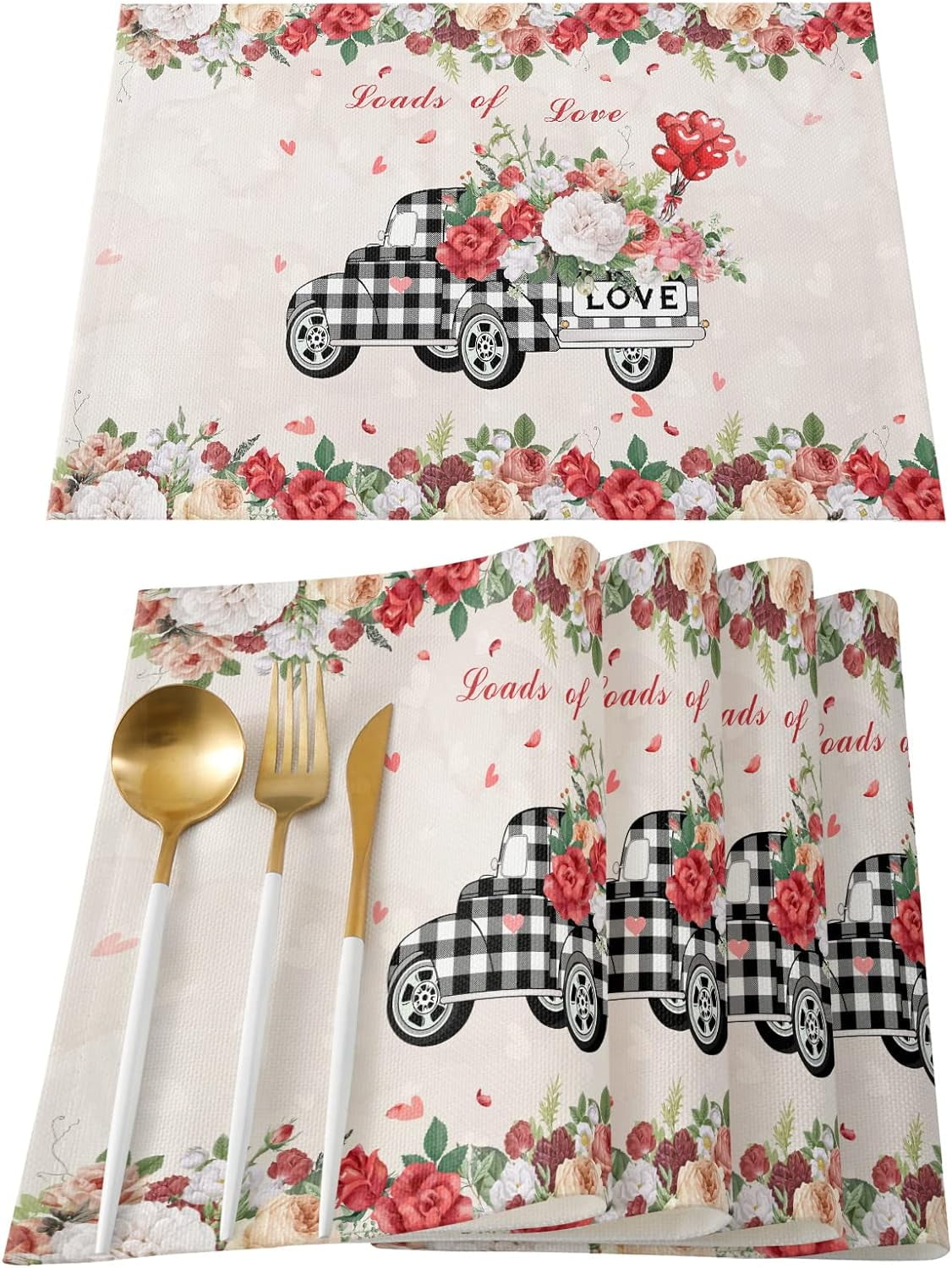 Rdsfhsp Valentines Day Placemats Set of 4, Rose Buffalo Plaid Truck ...