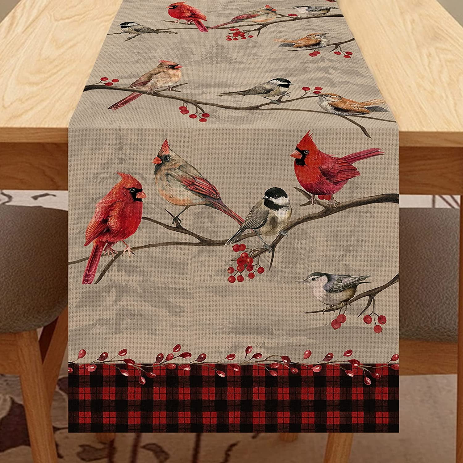 Rdsfhsp Vintage Bird Branch Table Runner, Winter Cardinal Chickadee ...