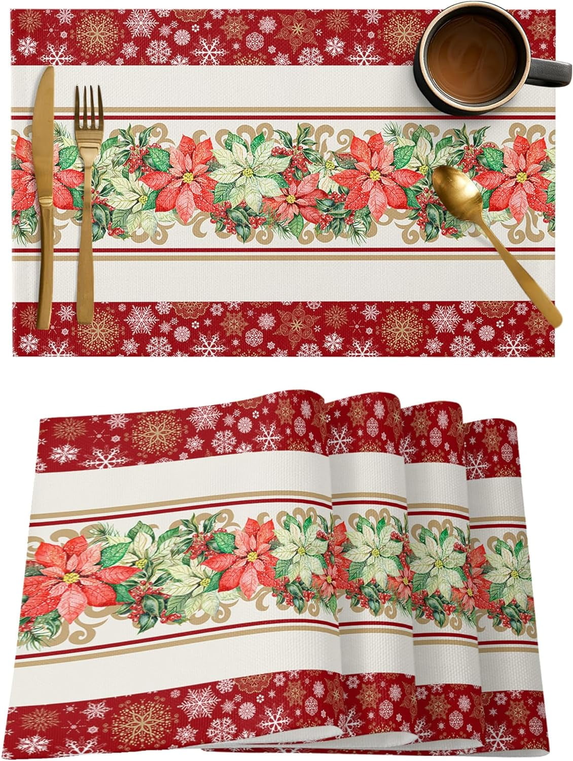 Rdsfhsp Watercolor Poinsettia Christmas Placemats Set of 4, Red Xmas ...