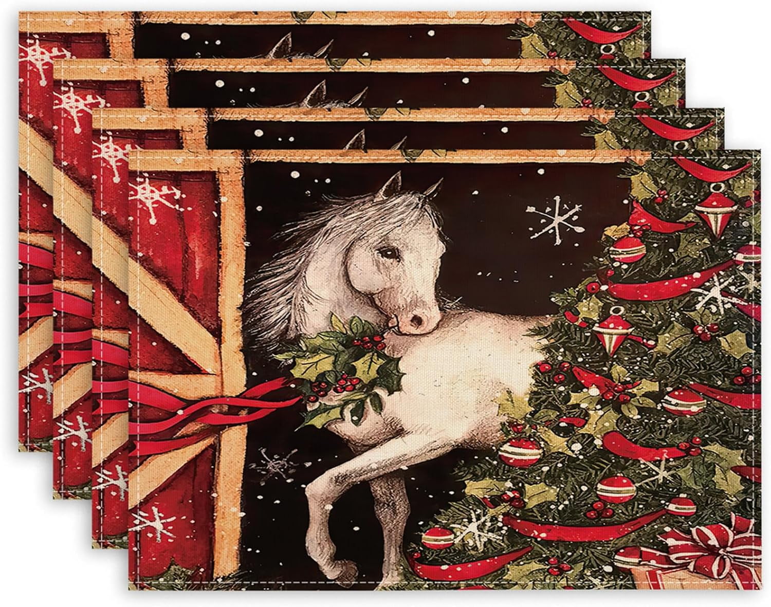 Rdsfhsp White Horse Merry Christmas Placemats Set of 4, 12x18 Inches ...