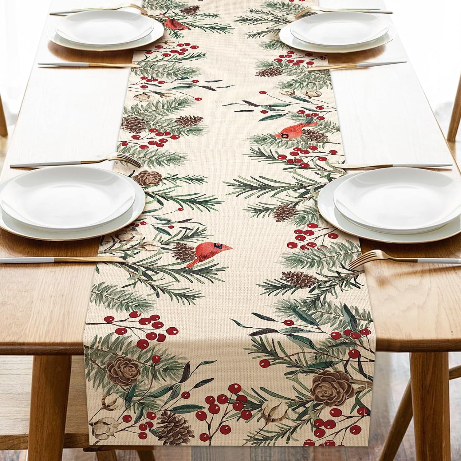 Rdsfhsp Winter Pine Needle Branches Table Runner, Pine Cone Cardinal ...