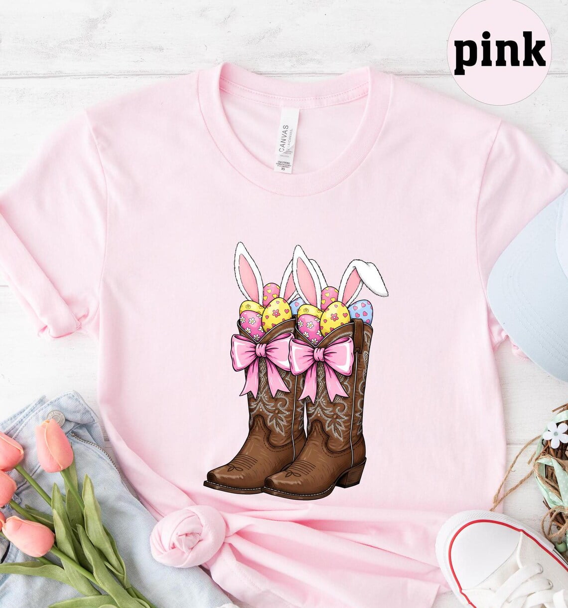 ReActiva Easter Cowboy Boots T-Shirt Bunny Ears & Eggs, Western Rodeo ...