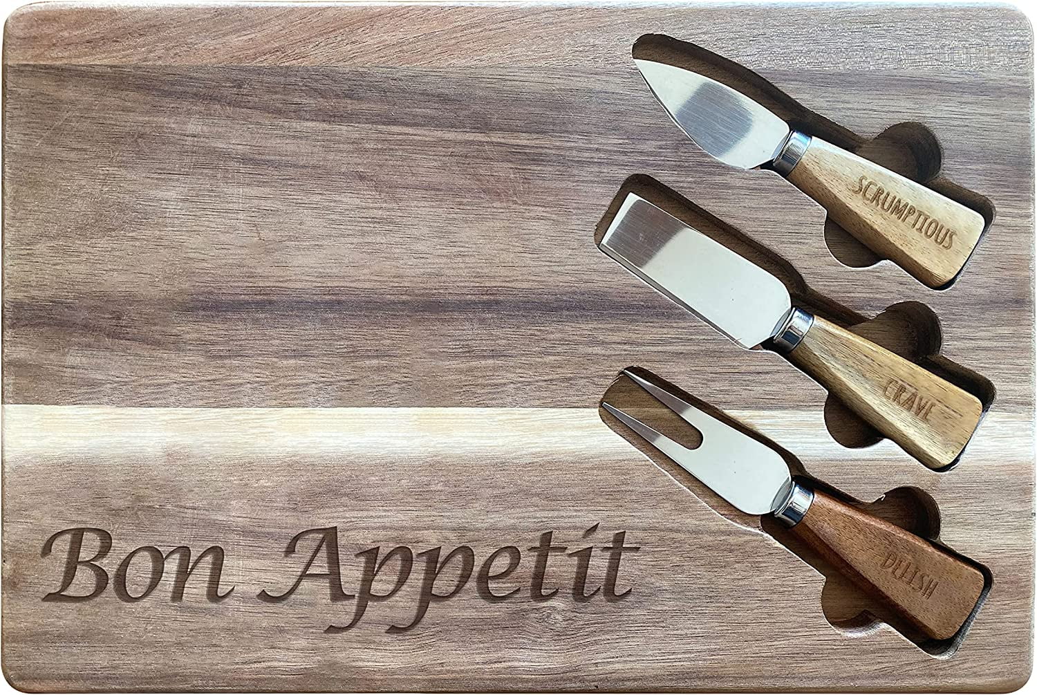 ReLIVE Engraved Wooden “Bon Appetit” Charcuterie Board & Utensil Set ...