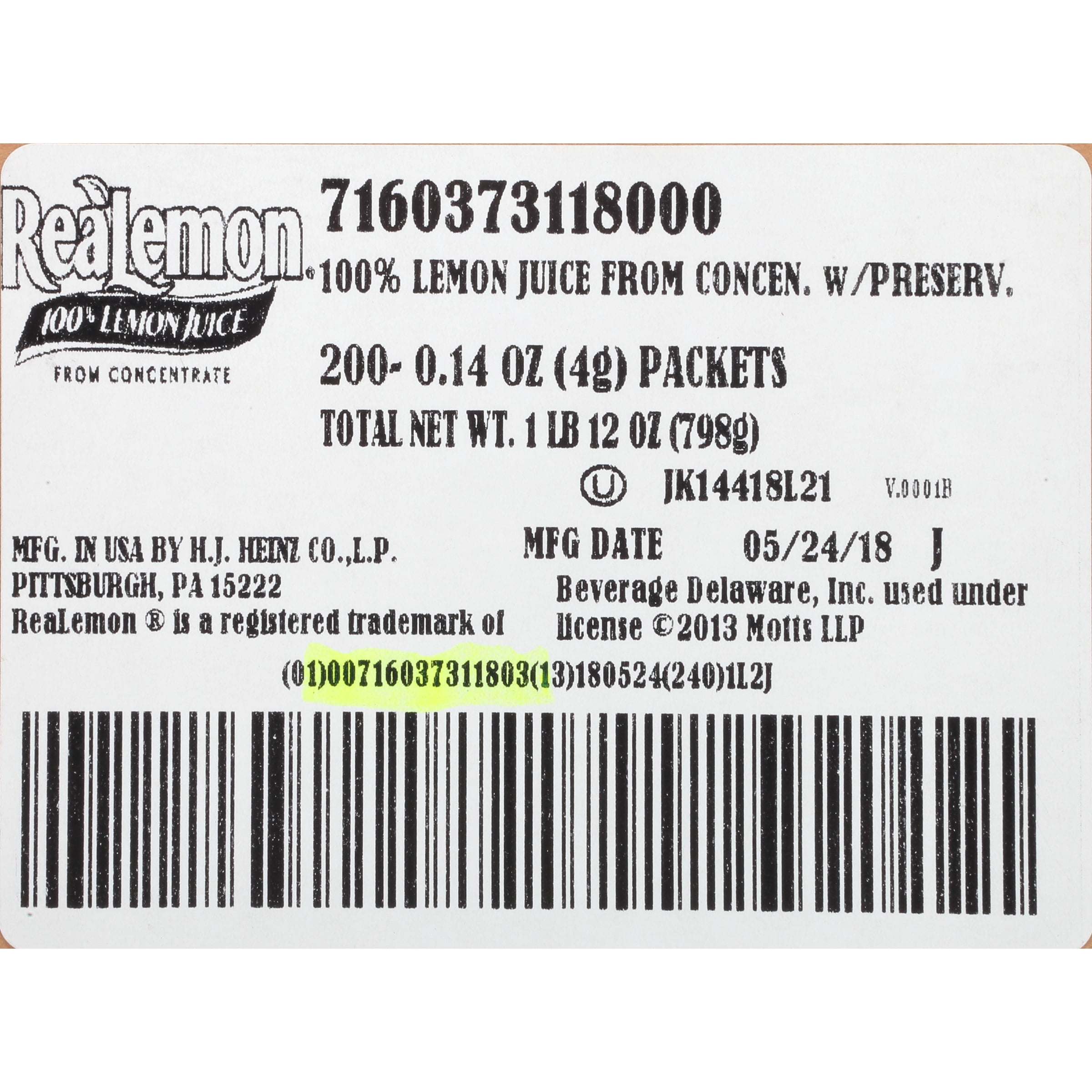 ReaLemon Lemon Juice Single Serve, 200 ct Casepack - Walmart.com