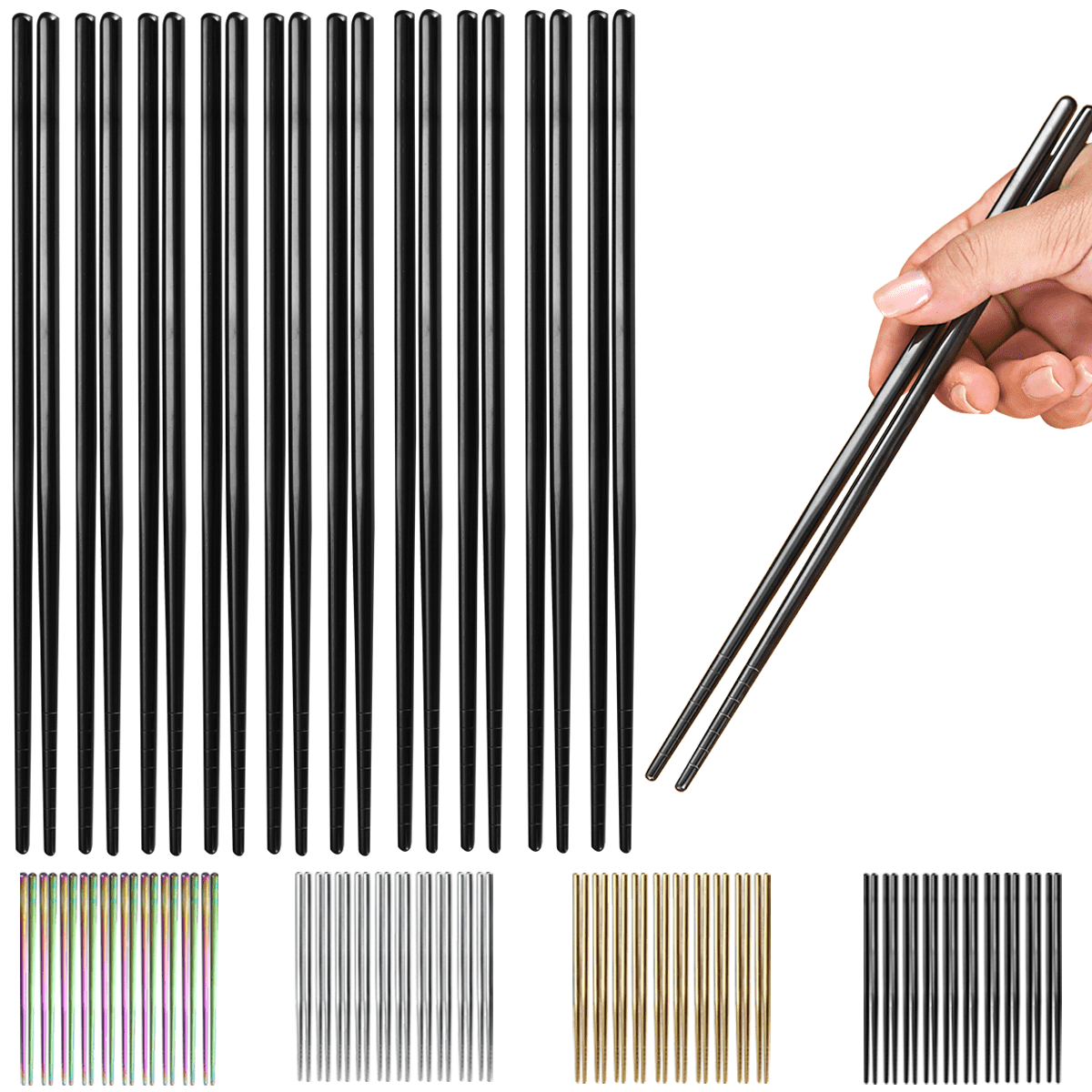ReaNea 10 Pairs Black Reusable Chopsticks, Stainless Steel Metal Chop ...