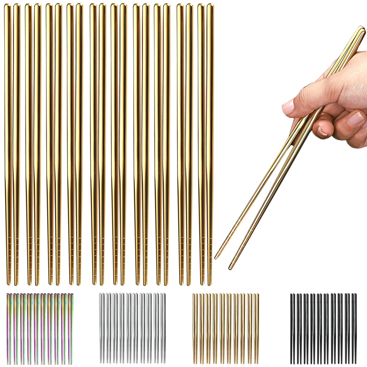 ReaNea 10 Pairs Gold Plated Stainless Steel Reusable Chopsticks, 8.9 ...