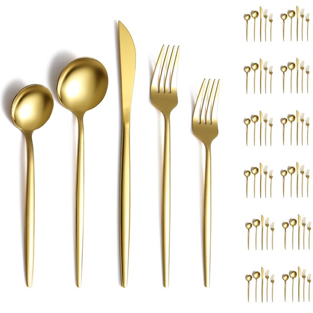 ReaNea 60-Piece Gold Fancy Metal Silverware Set: Stainless Steel Flatware with Knives, Forks ...