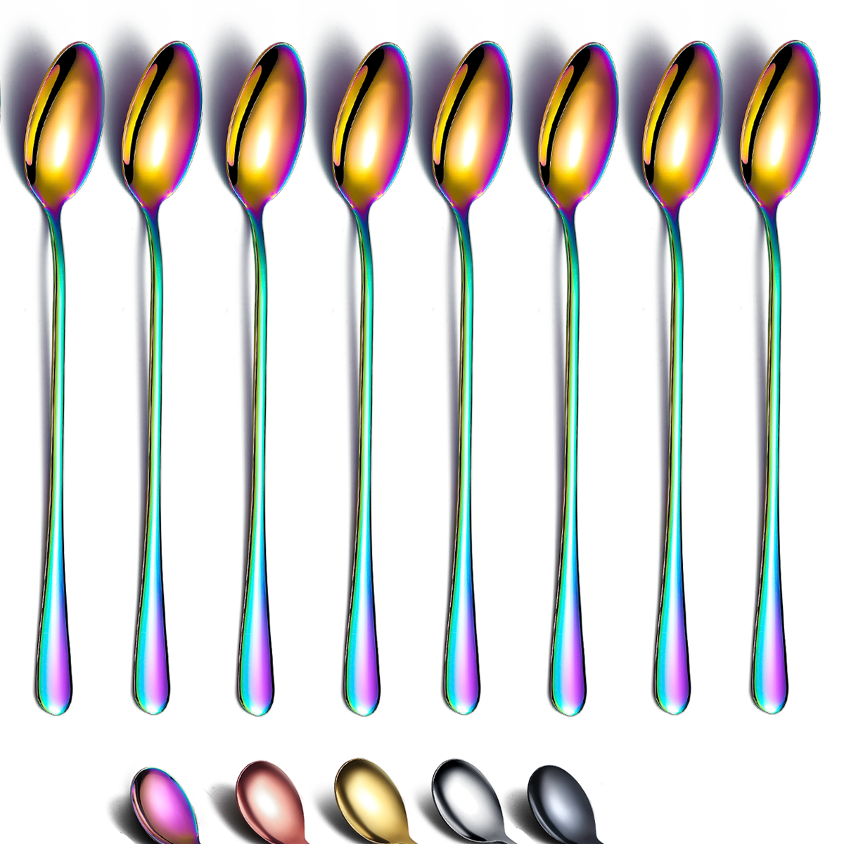 ReaNea Rainbow Stainless Steel Tea Spoon Set, Long Handle, for Iced Tea ...