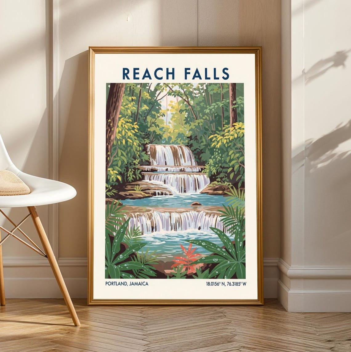 Reach Falls Jamaica Poster: Tropical Waterfall Illustration, Green ...