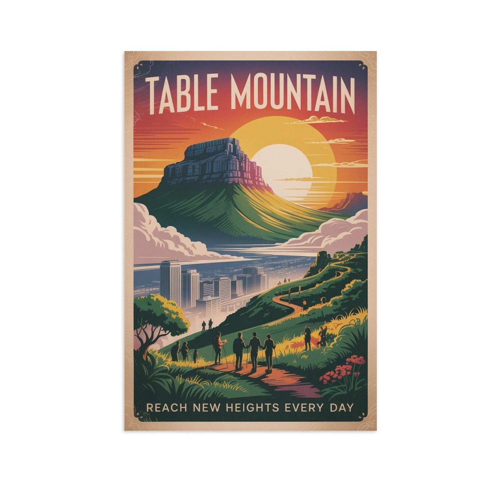 Reach New Heights Every Day Table Mountain Retro Travel Poster Vintage ...