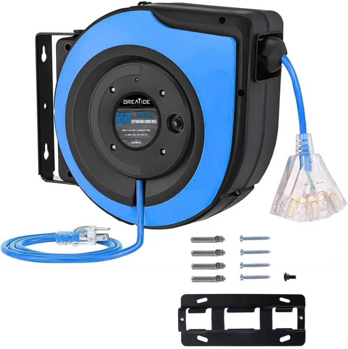 Reactable Exteion Cord Reel, 65 Feet 12 AWG/3C SJTOW Heavy Duty Power ...