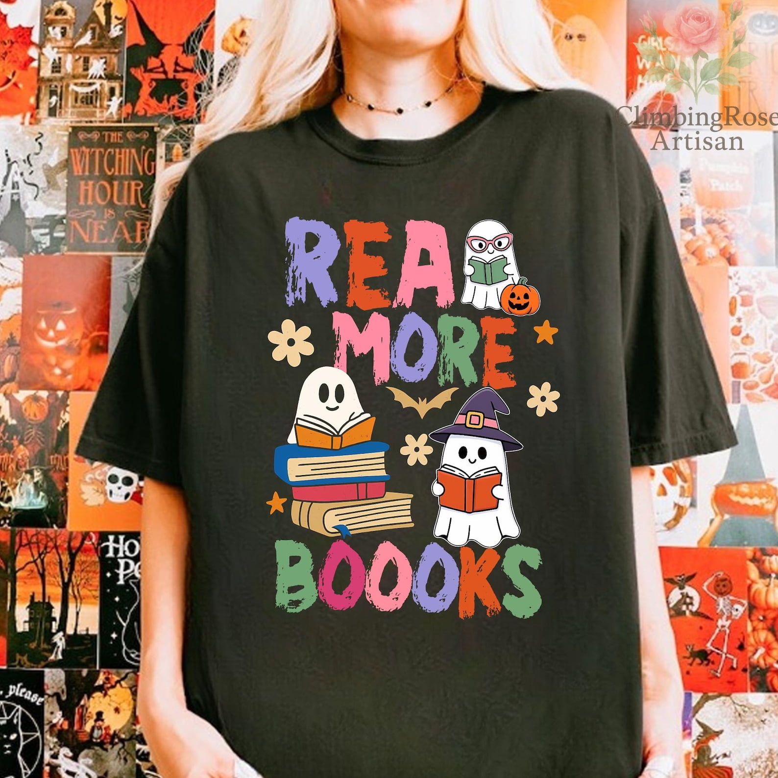 Read More Books Shirt, Cute Ghost Reading T-Shirt, Book Lover Tee ...