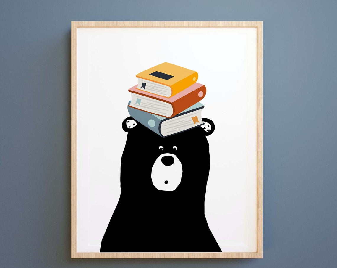 Read Wall Print, Bear With Books Poster, Educational Print, Neutral ...