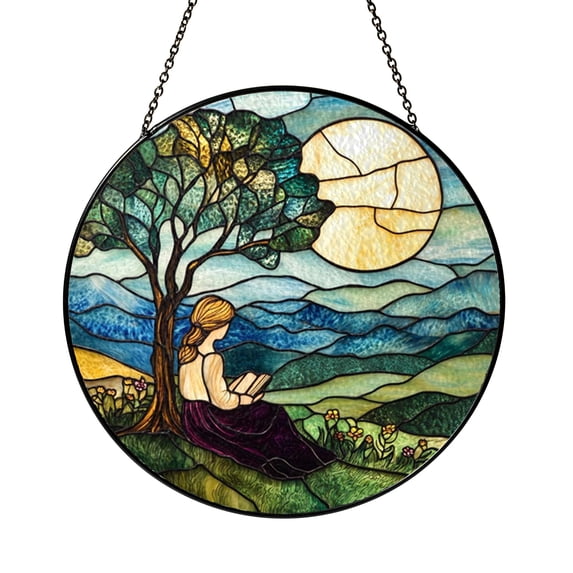 Reader Under Tree Stained Glass Suncatcher, Literary Window Hanging ...