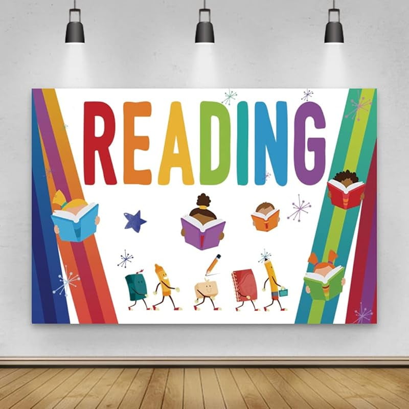 Reading Backdrop for Photoshoot Students Kids Portrait Cartoon Figures ...