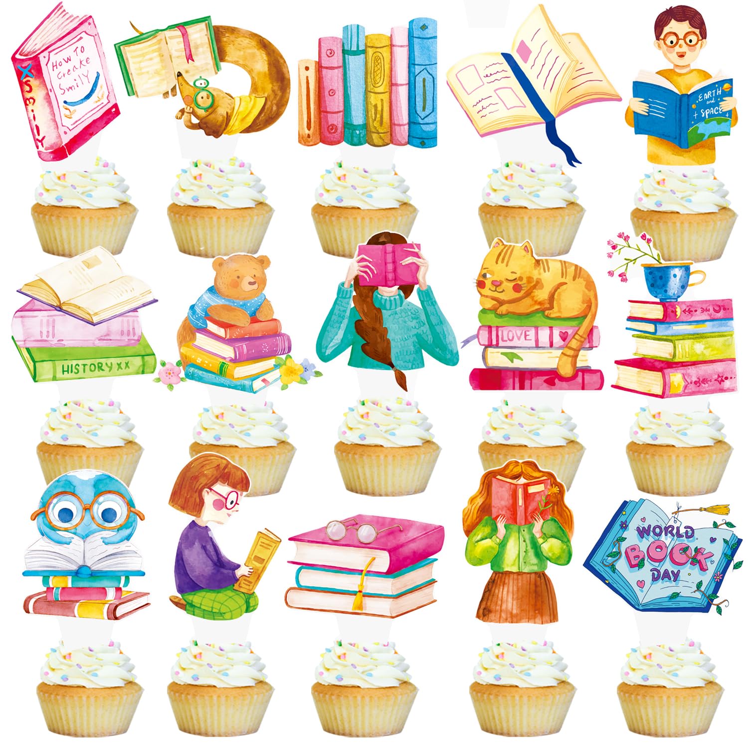 Reading Books Cupcake AJH3 Toppers School Themed Party Decorations ...