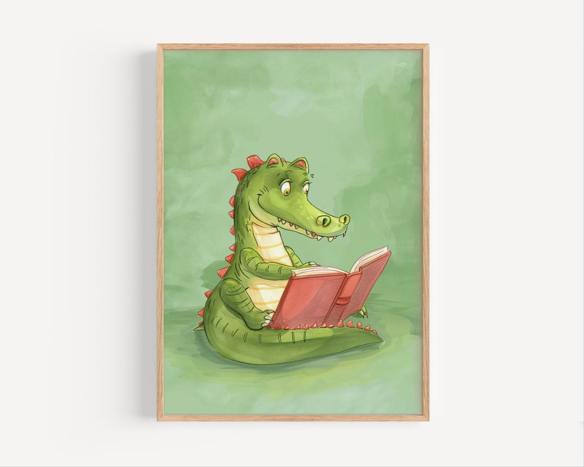 Reading Crocodile Poster: Green Nursery, Playroom Wall Art, Unframed ...