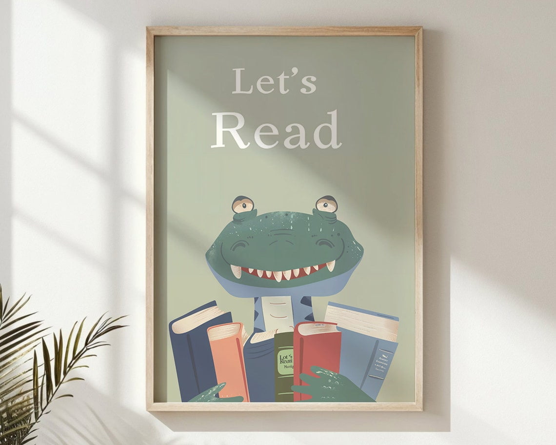 Reading Dinosaur Printable, Kids Nursery Wall Art, Bookish Decor Gift ...