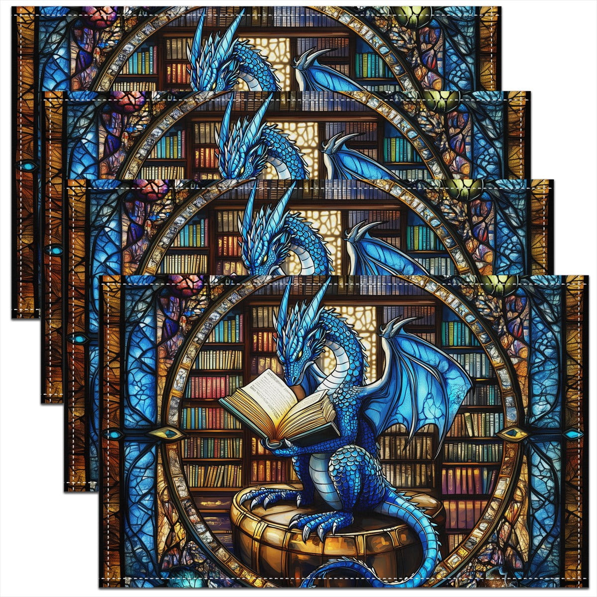 Reading Dragon Place Mats 12x18 Inch Set of 4 Cartoon Animal Magical ...