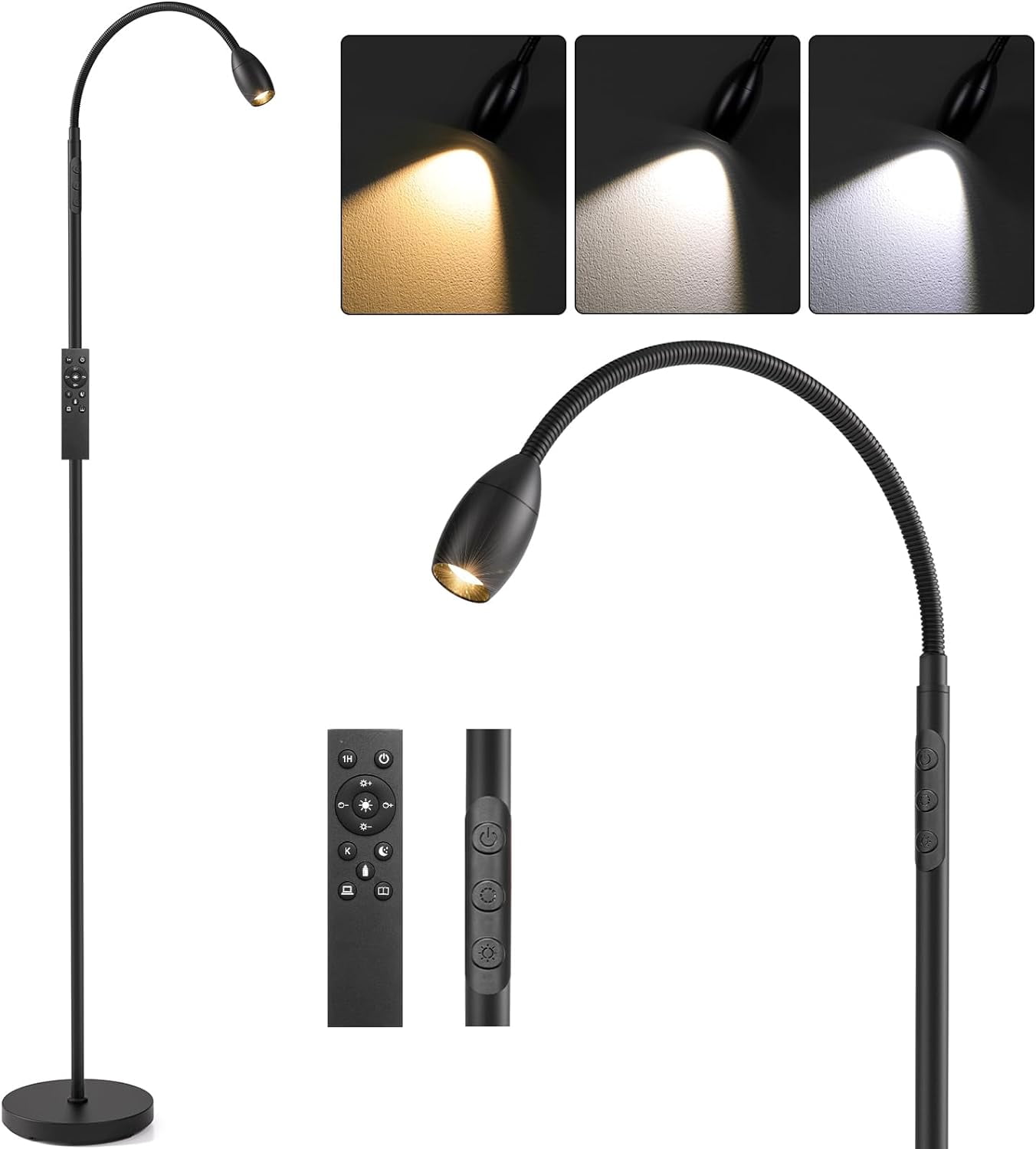 Reading Floor Lamp, LED Lamp with Flexible Gooseneck, Dimmable Zoomable ...