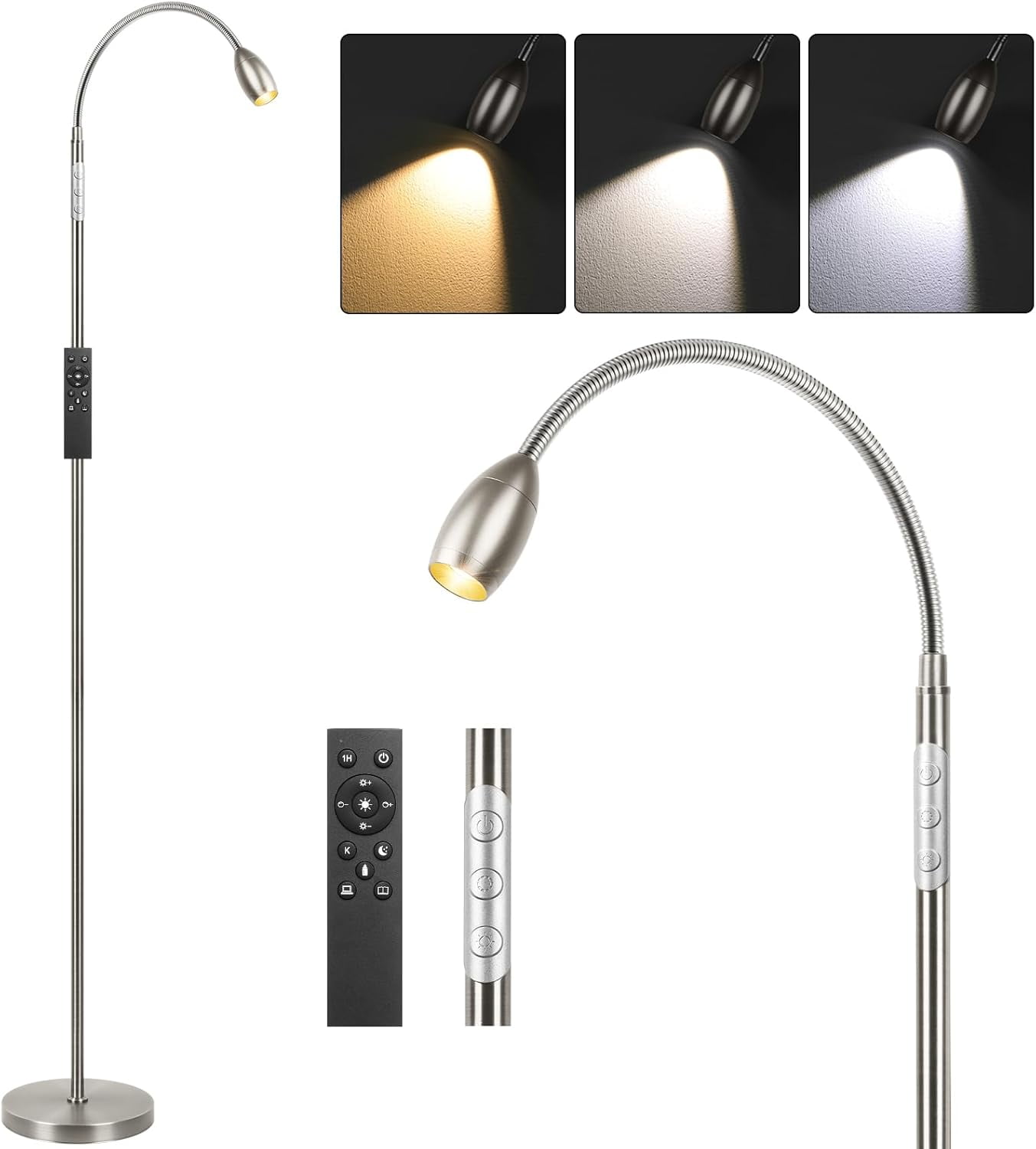 Reading Floor Lamp, LED Lamp with Flexible Gooseneck, Dimmable Zoomable ...