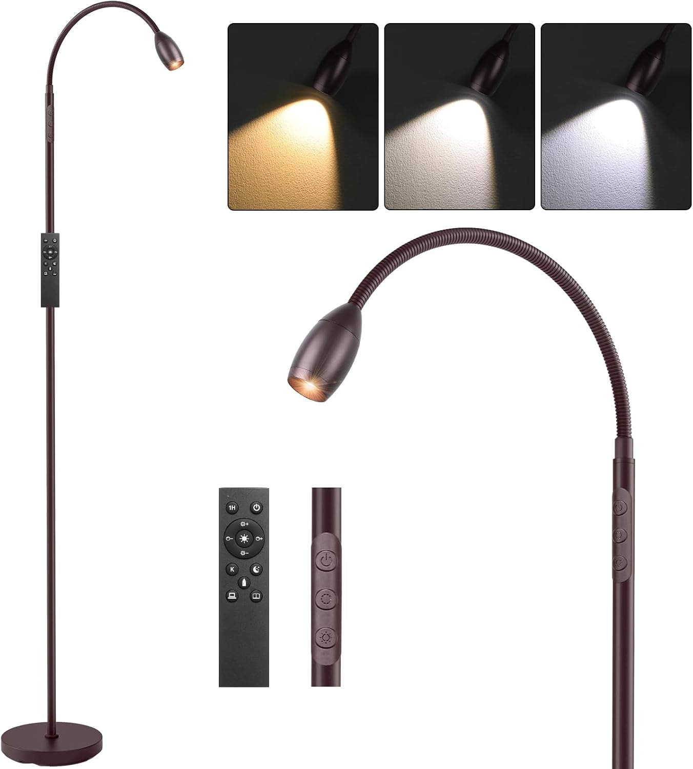 Reading Floor Lamp, LED Lamp with Flexible Gooseneck, Dimmable Zoomable ...