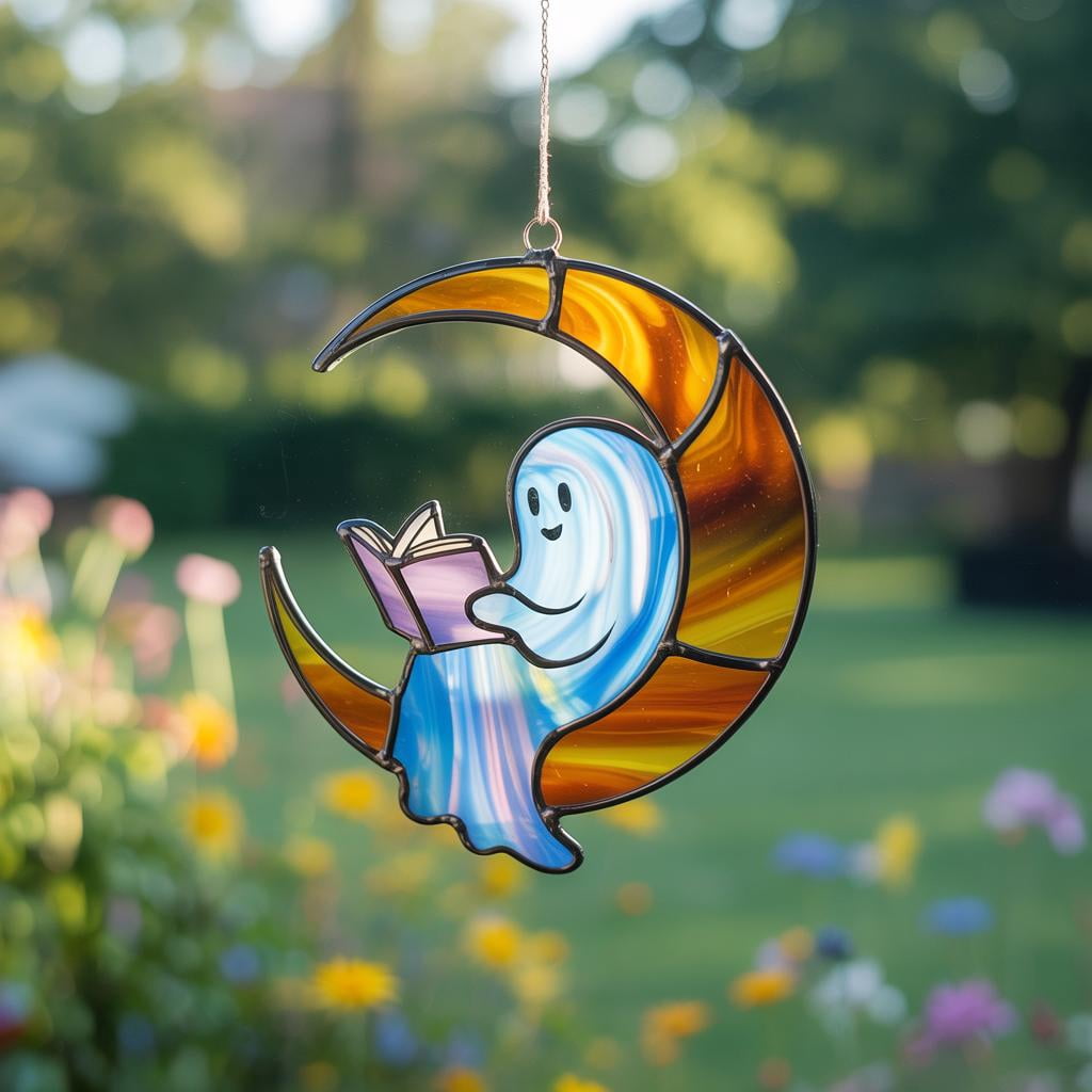 Reading Ghost Acrylic Suncatcher, Cute Ghost on Moon Stained Glass ...