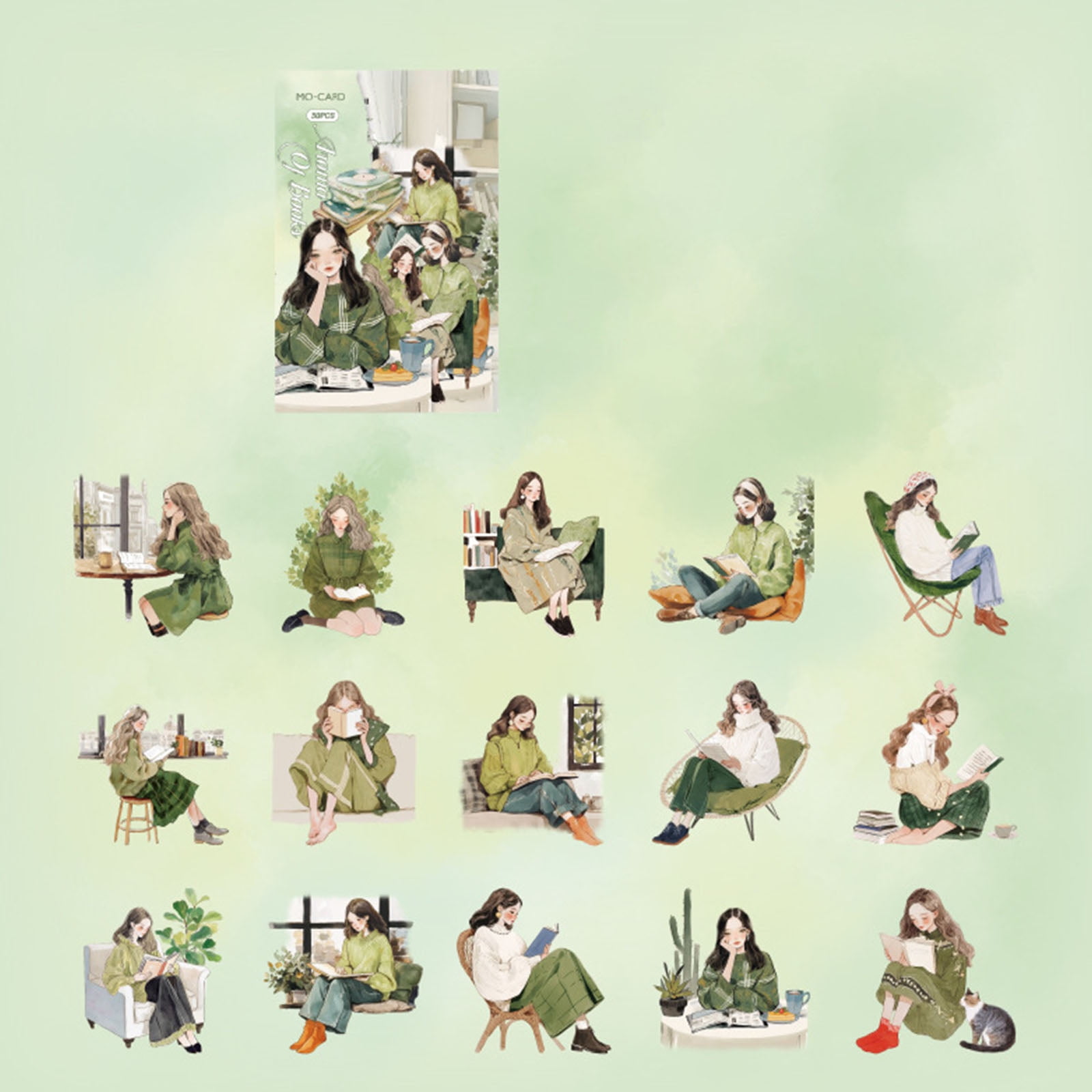 Reading Girl Sticker Decorative Stickers Cartoon Sticker Lovely Journal ...
