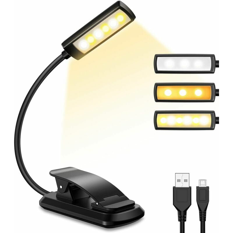 Reading Lamp, Rechargeable Clip Light 6 LEDs, 3 Brightness Modes (Cool ...