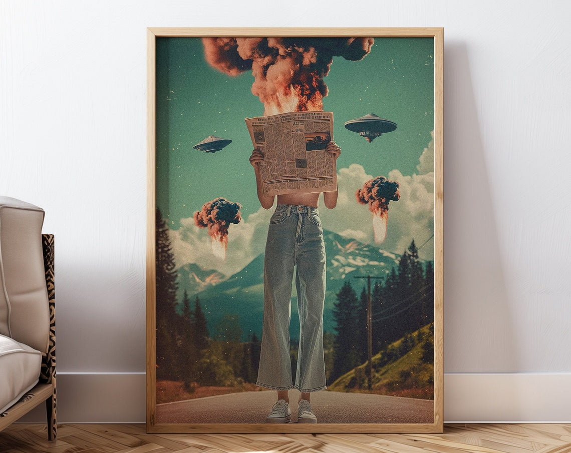Reading The News Ufo Wall Art For Print Girl Room Poster Surreal Wall ...