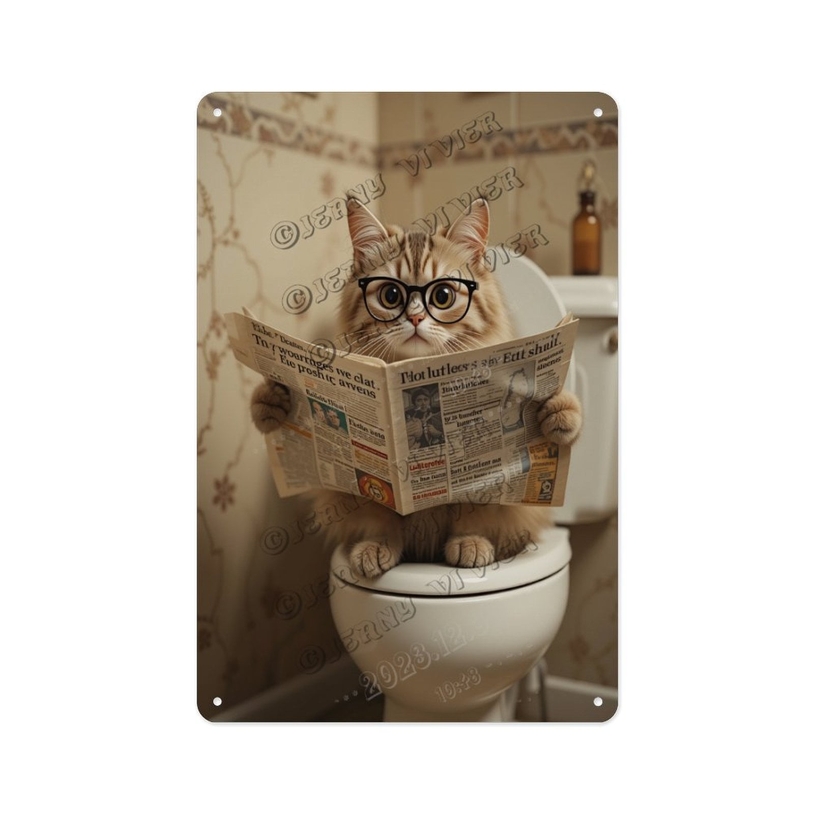 Reading A Newspaper On The Toilet Cat Tin Sign – Funny Cat Bathroom ...
