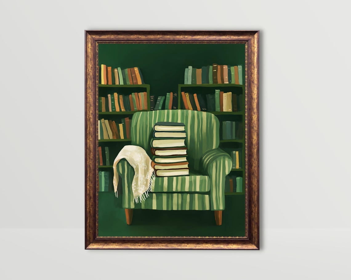 Reading Nook, Book Wall Art, Cozy Library Decor, Book Stack Emerald ...