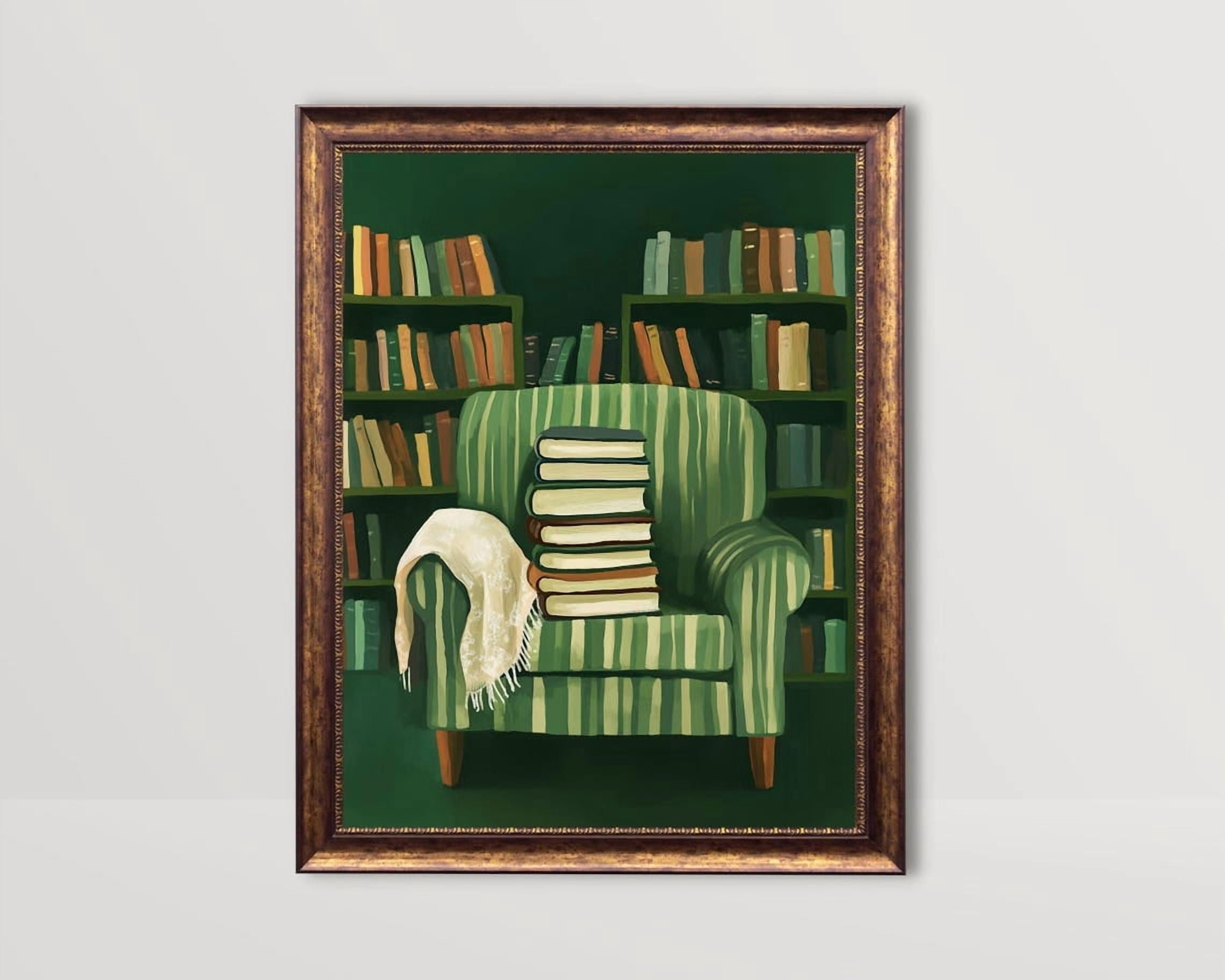 Reading Nook, Book Wall Art, Cozy Library Decor, Book Stack Emerald ...