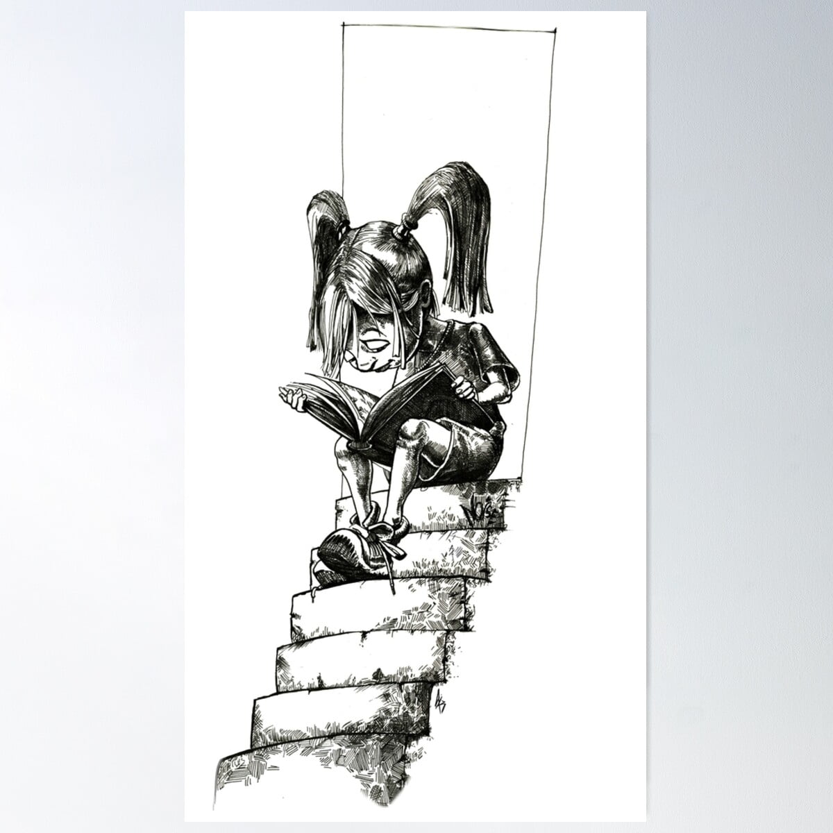 Reading On The Steps (Pen And Ink) Poster Wall Art, Modern Wall Decor ...