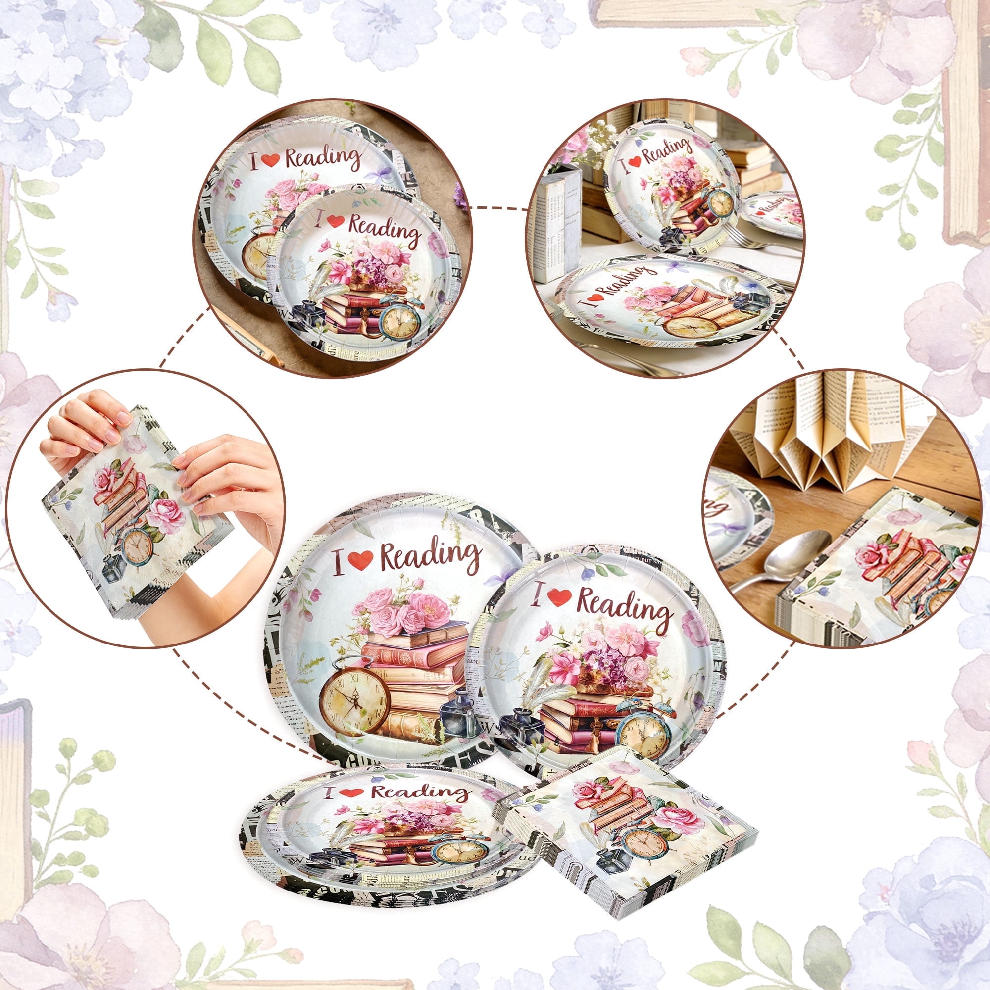 Spring Literary Style Party Tableware - Book And Floral Designs Perfect ...