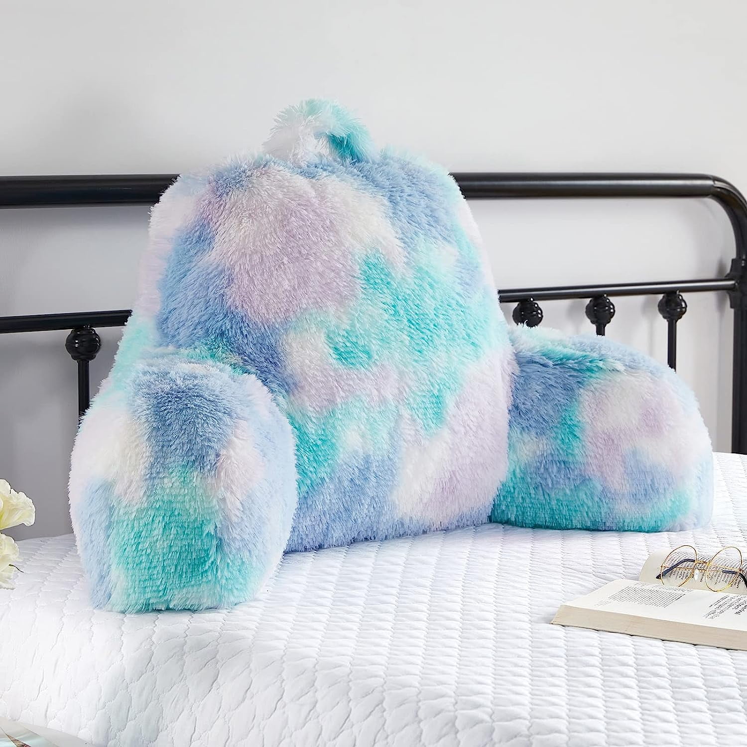 Reading Pillow for Bed Adult - Faux Fur Backrest Pillow with Arms ...