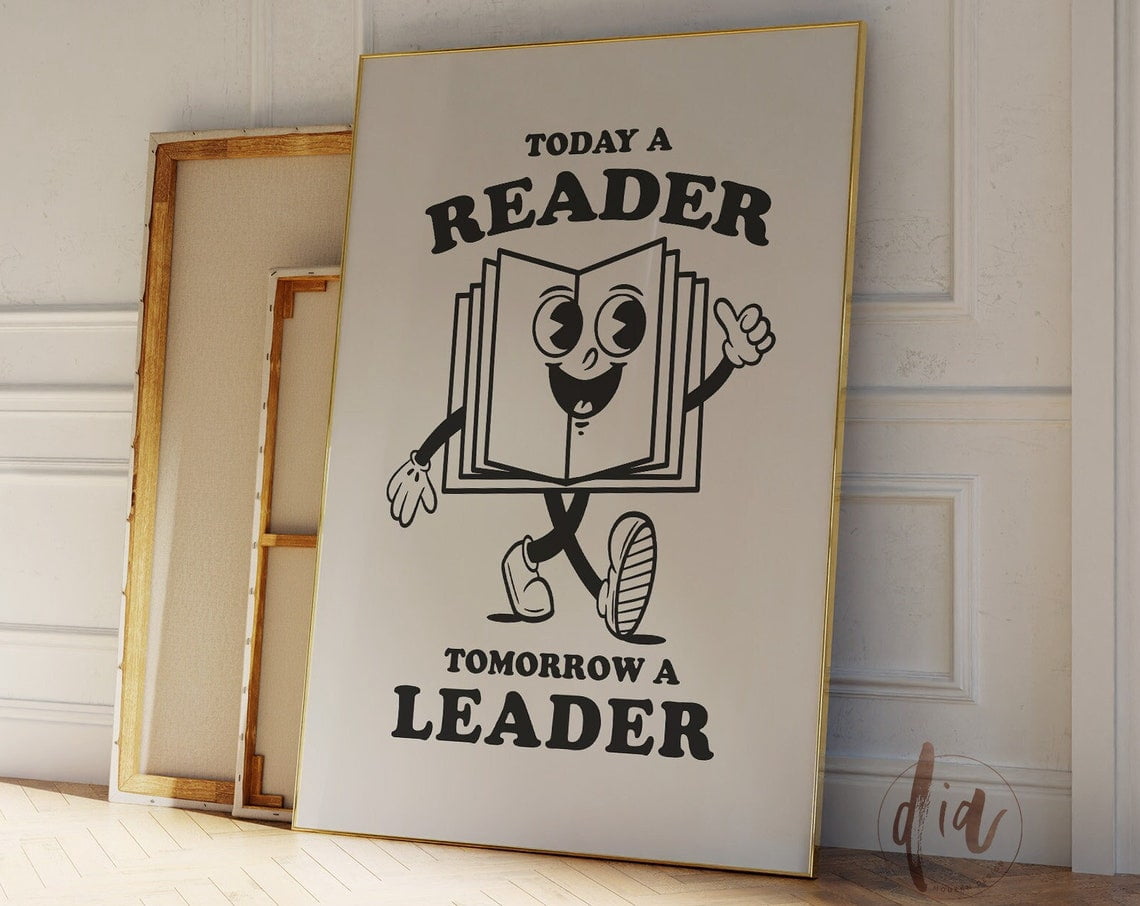 Reading Poster, Classroom Wall Art Print, Retro Book Cartoon, Mascot ...