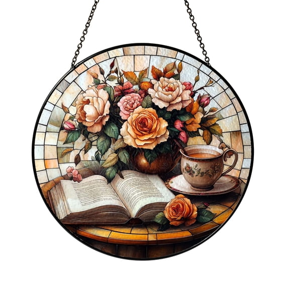 Reading Theme Tea and Books Round Stained Glass Suncatcher – Window Art ...