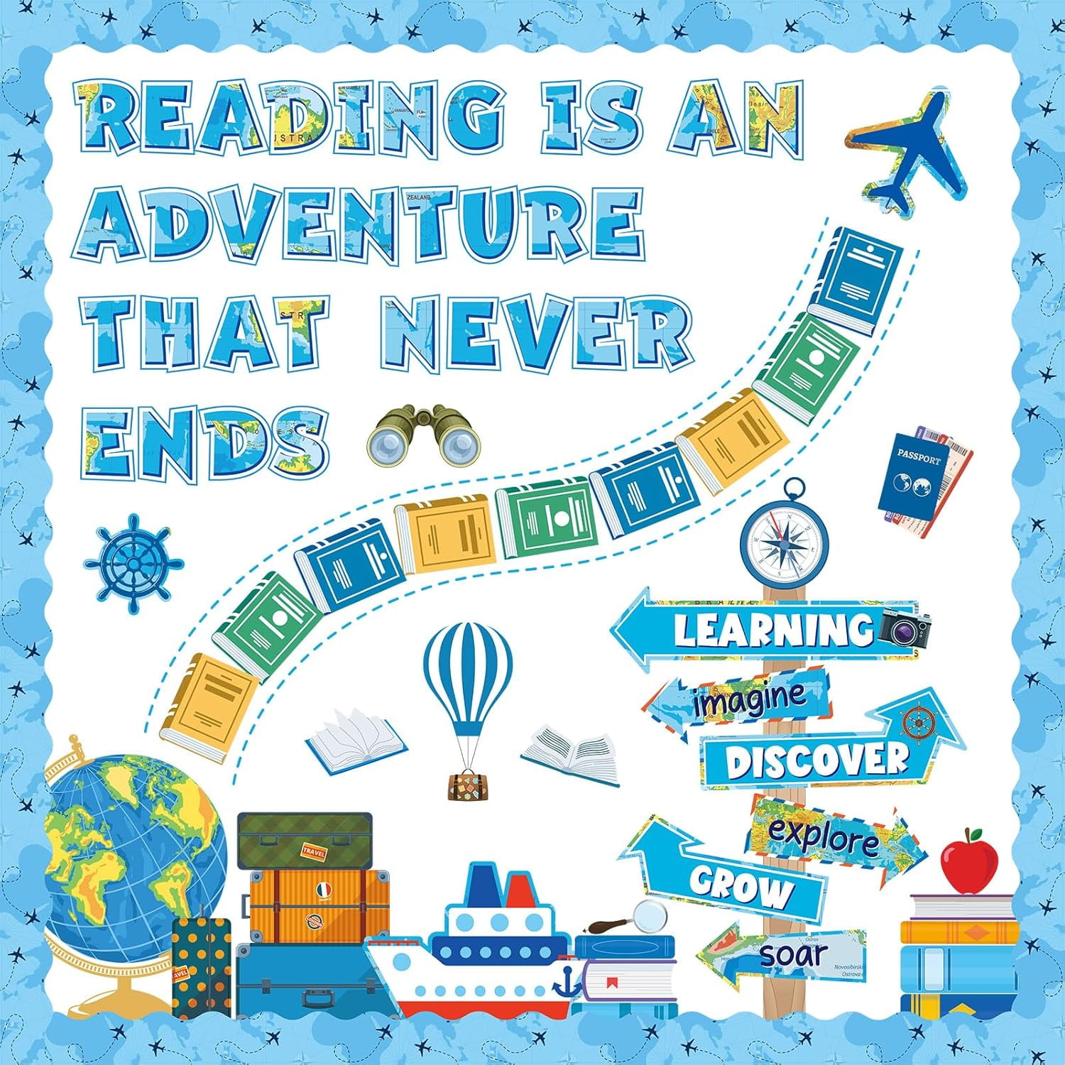 Reading Travel Bulletin Board Decorations Set Blue Reading is an ...