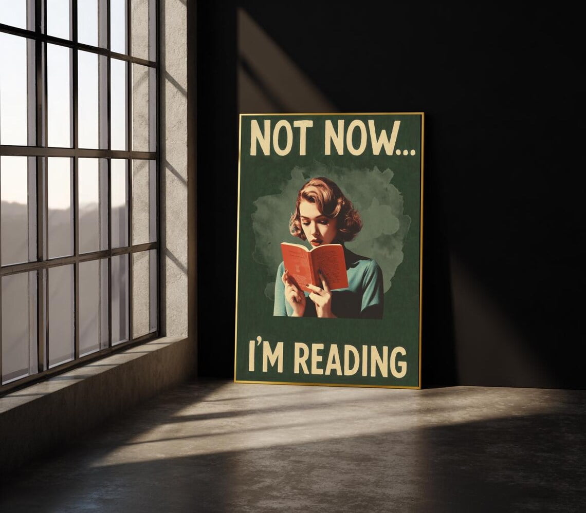 Reading Wall Art Retro Print, Vintage Book Lover Poster, Green And ...