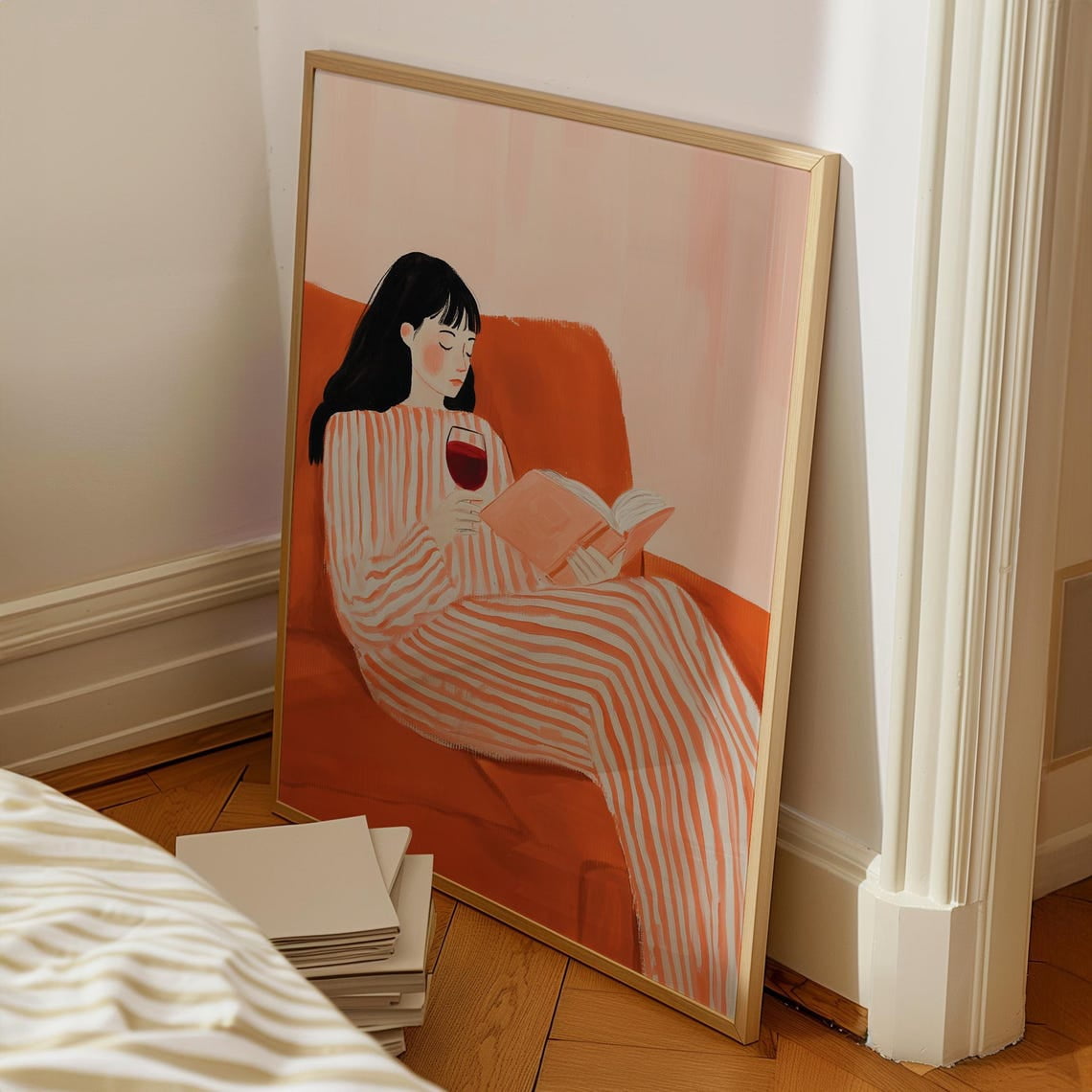 Reading Woman Poster Book & Wine Art Abstract Woman Portrait ...