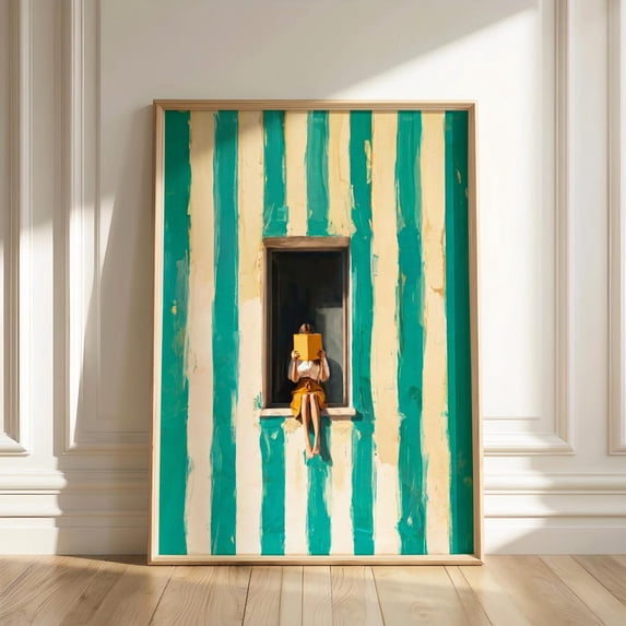 Reading Woman in Window Green Striped Book Lover Mid Century Modern ...