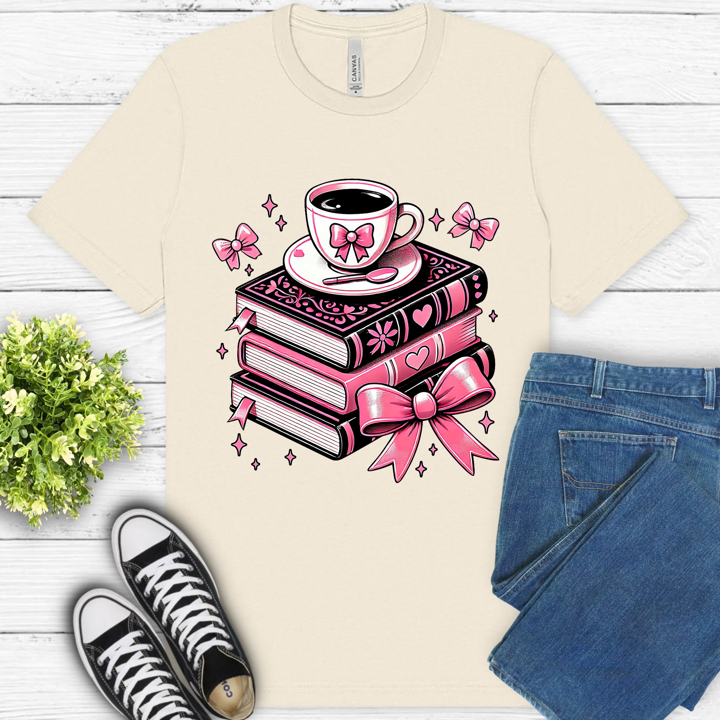 Reading and Coffee Shirt – Cute Book Stack with Bow Graphic Tee ...