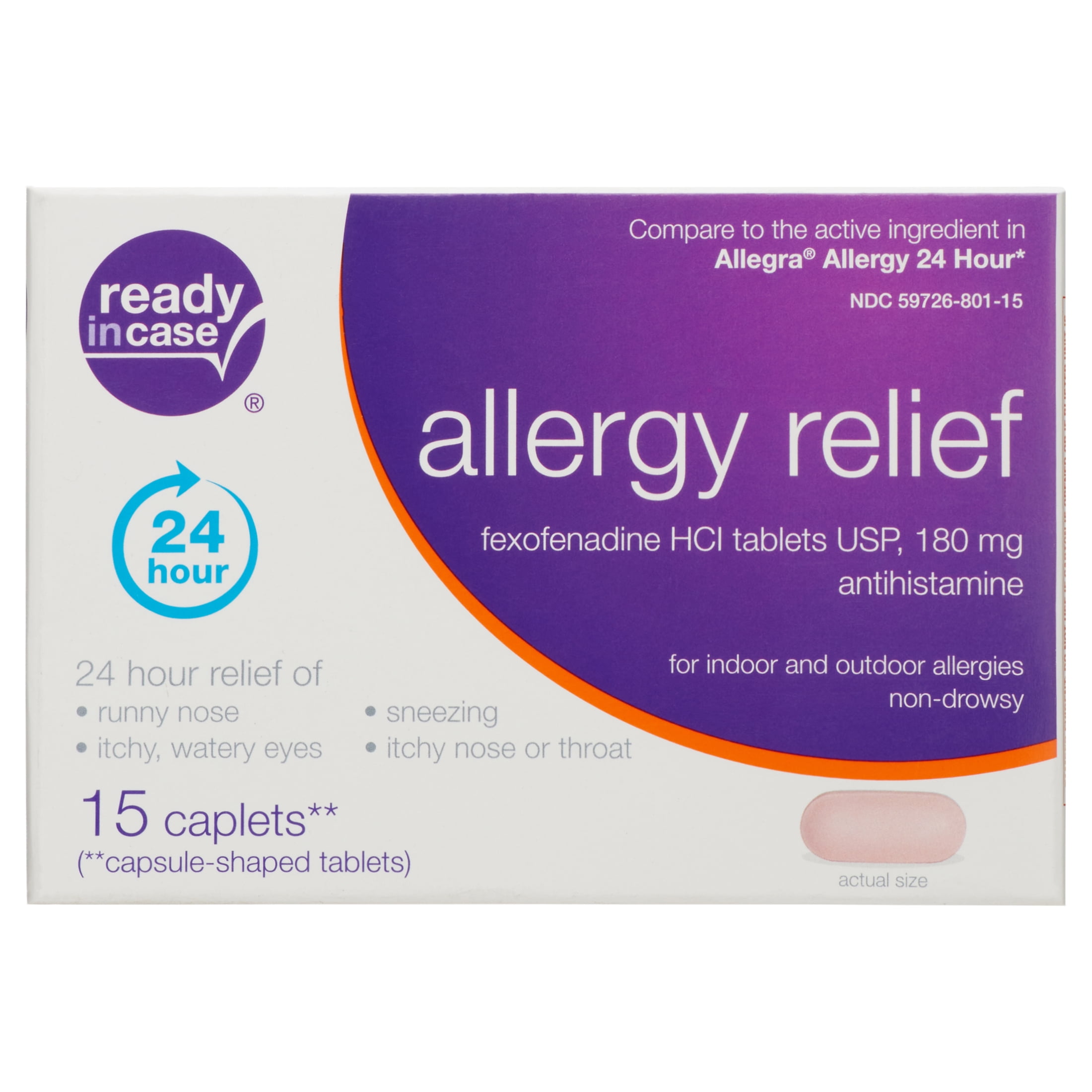 Ready In Case 24 Hour Allergy Medicine, 180 mg Tablets, 15 Count ...