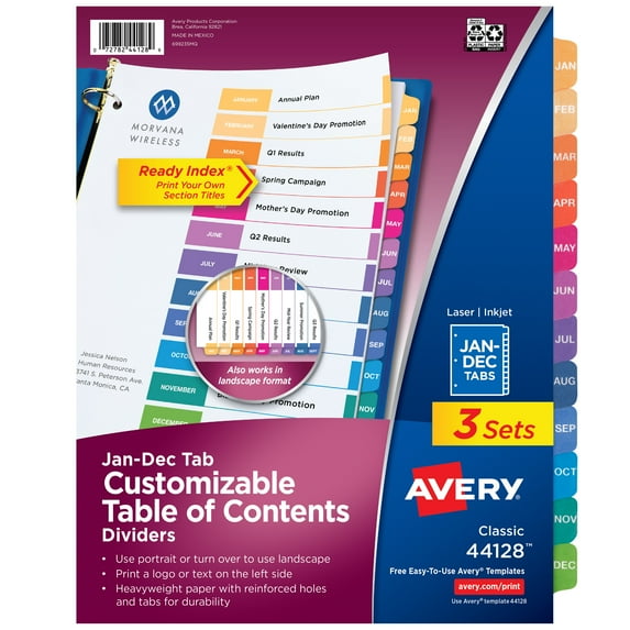 Avery Jan-Dec Dividers, 12 Tabs, Ready Index (3 Sets of 44128 ...