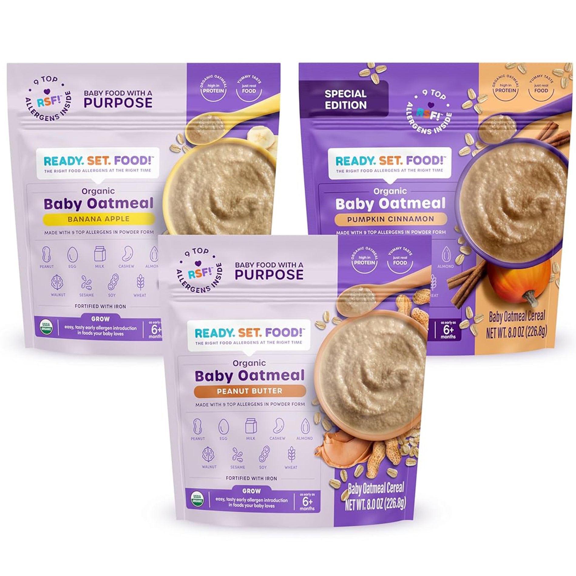 Ready, Set, Food! Organic Baby Cereal Oatmeal, 9 Top Allergens, Banana ...