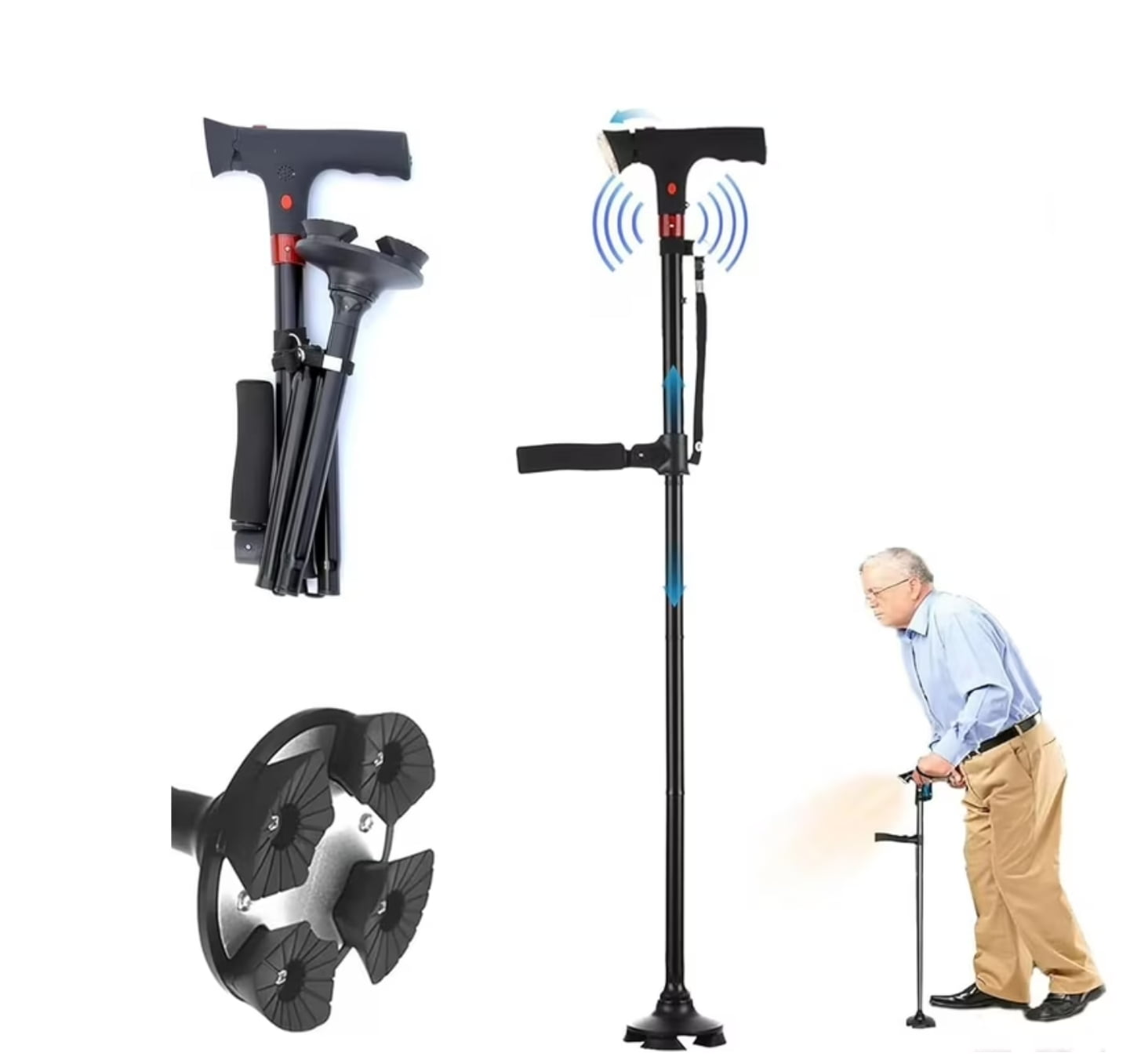 Ready Walker Cane with Light, Dual Handle Folding Self-Standing Design ...