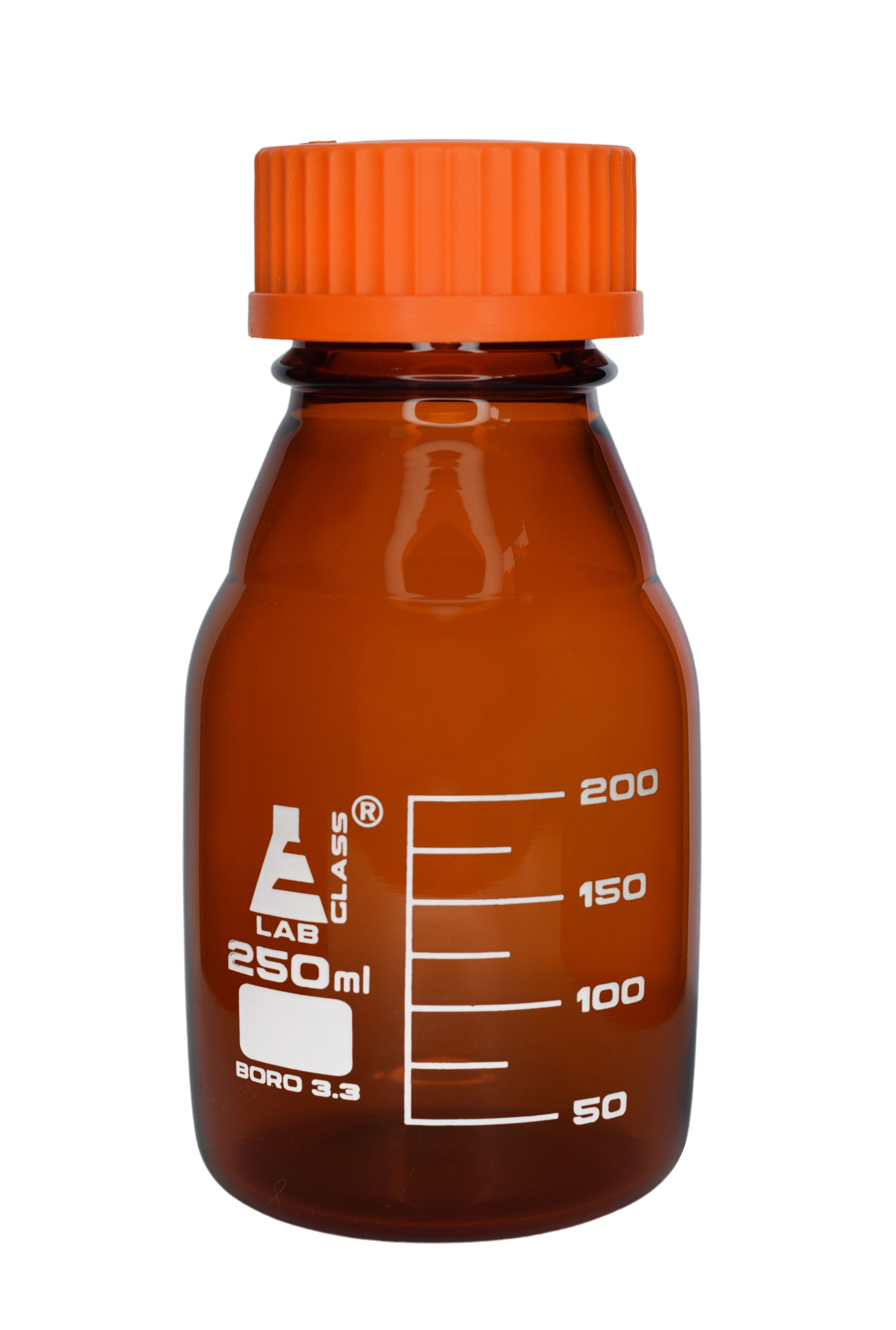Reagent Bottle, 250ml - Amber Colored Glass - Orange Screw Cap, Drip ...
