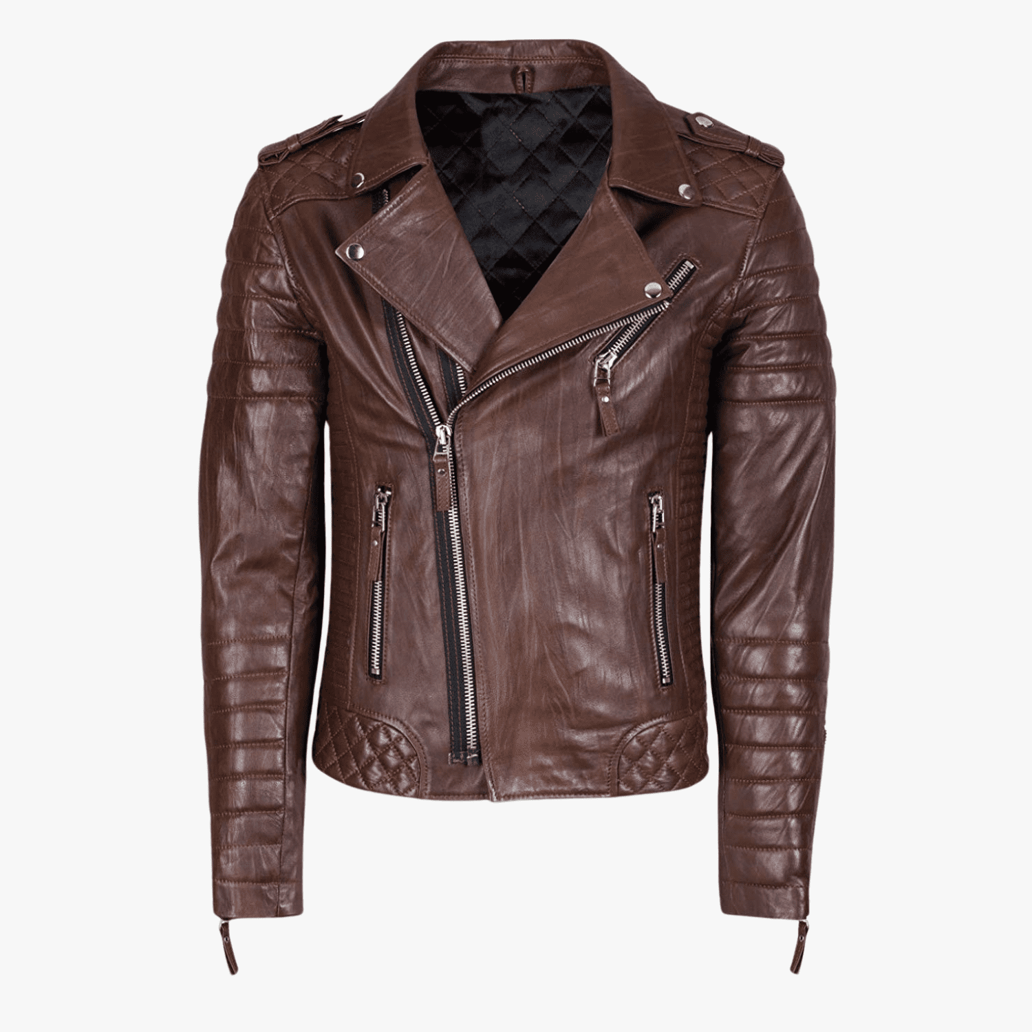 Real 100% Lambskin Dark Brown Leather Jacket Mens Quilted Cafe Racer Biker Stylish Jacket ...