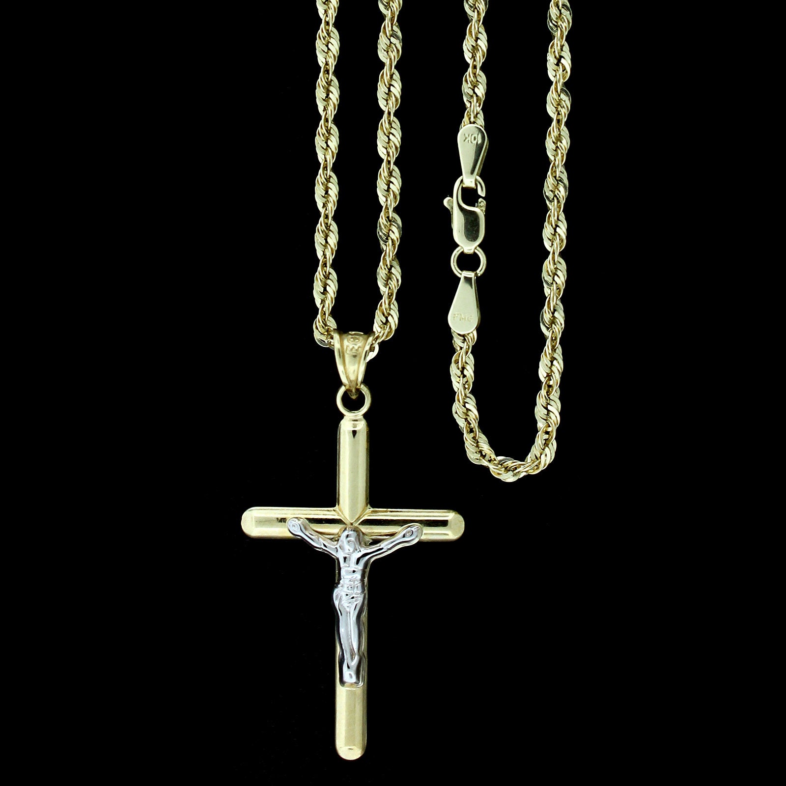 Real 10K Yellow Gold Diamond Cut Jesus Crucifix Cross Pendant & 2.5mm ...